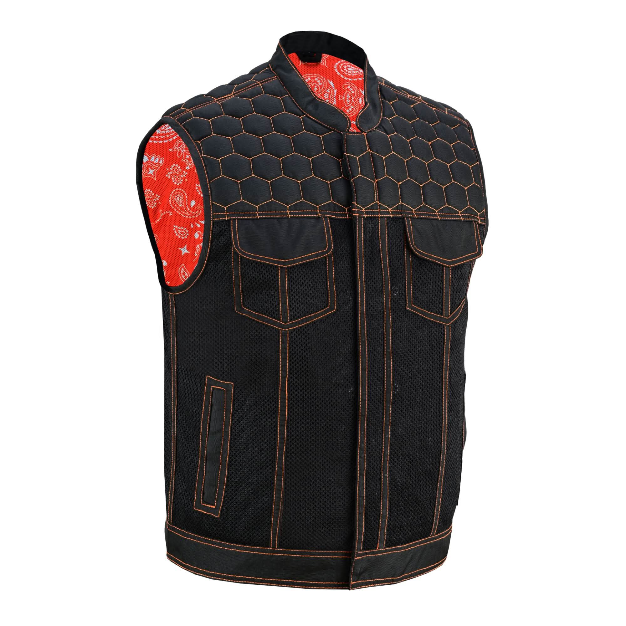 Night Tiger Men's Black Mesh Textile Vest with Orange Diamond Stitch ...