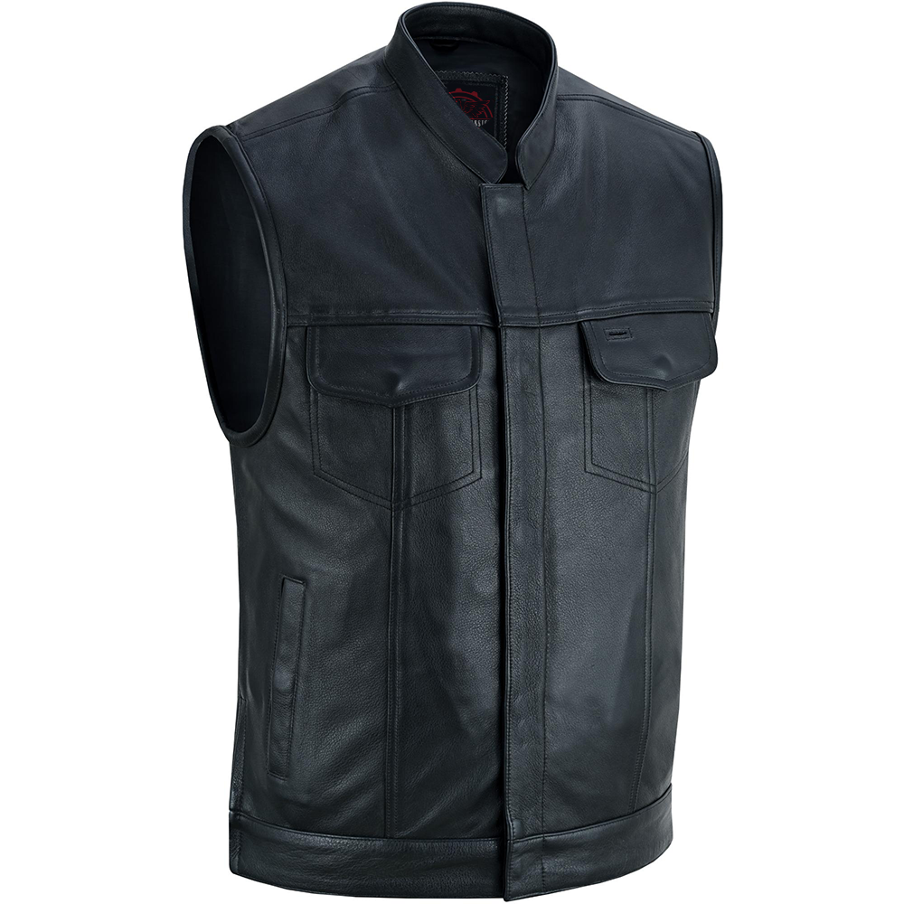Highway Jack Men's Black Leather Motorcycle Vest Scoop Neck & Snap-Clo ...